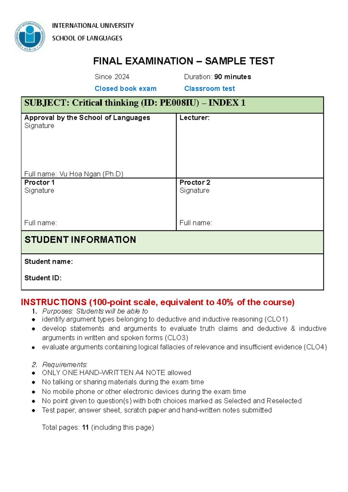 Critical Thinking (PE008IU) Final Exam Sample Test 2024 - Studocu