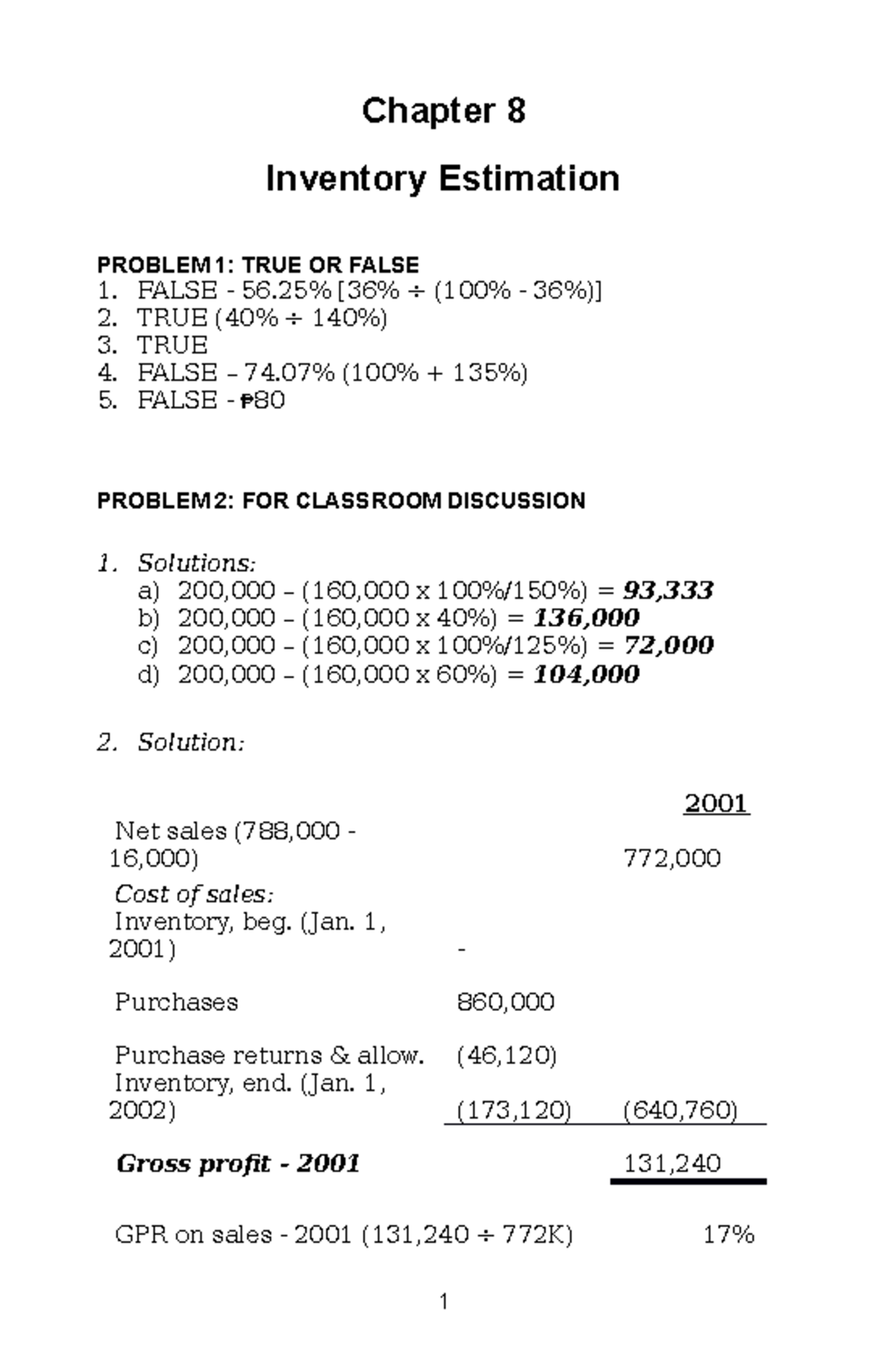 Chapter-8 Inventory- Estimation IA-PART-1A - Chapter 8 Inventory Estimation PROBLEM 1: TRUE OR ...