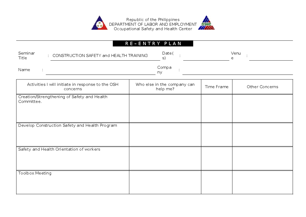 Re-entry Plan - Making a sample o re entry plan - Republic of the ...