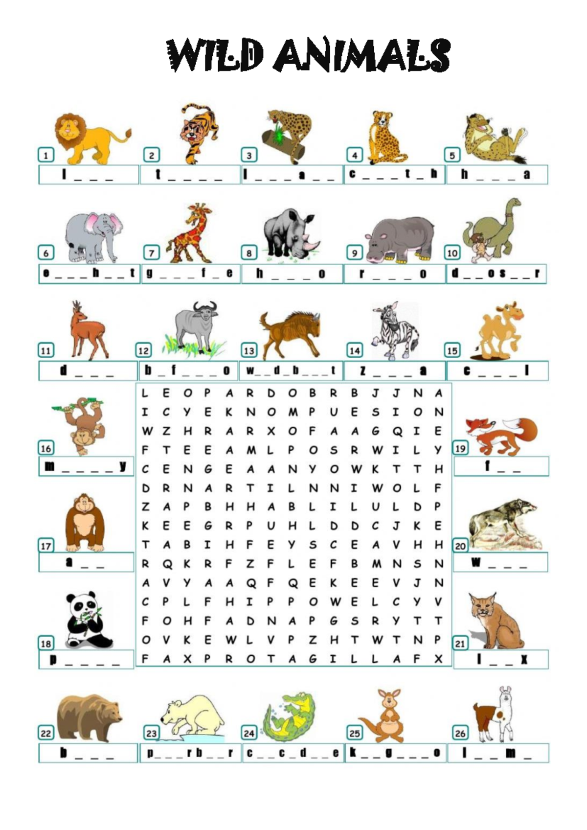 Animals- handout - WILD ANIMALS 1 2 4 5 ihh a 6 8 10 8 Lieh 11 12 13 14 ...