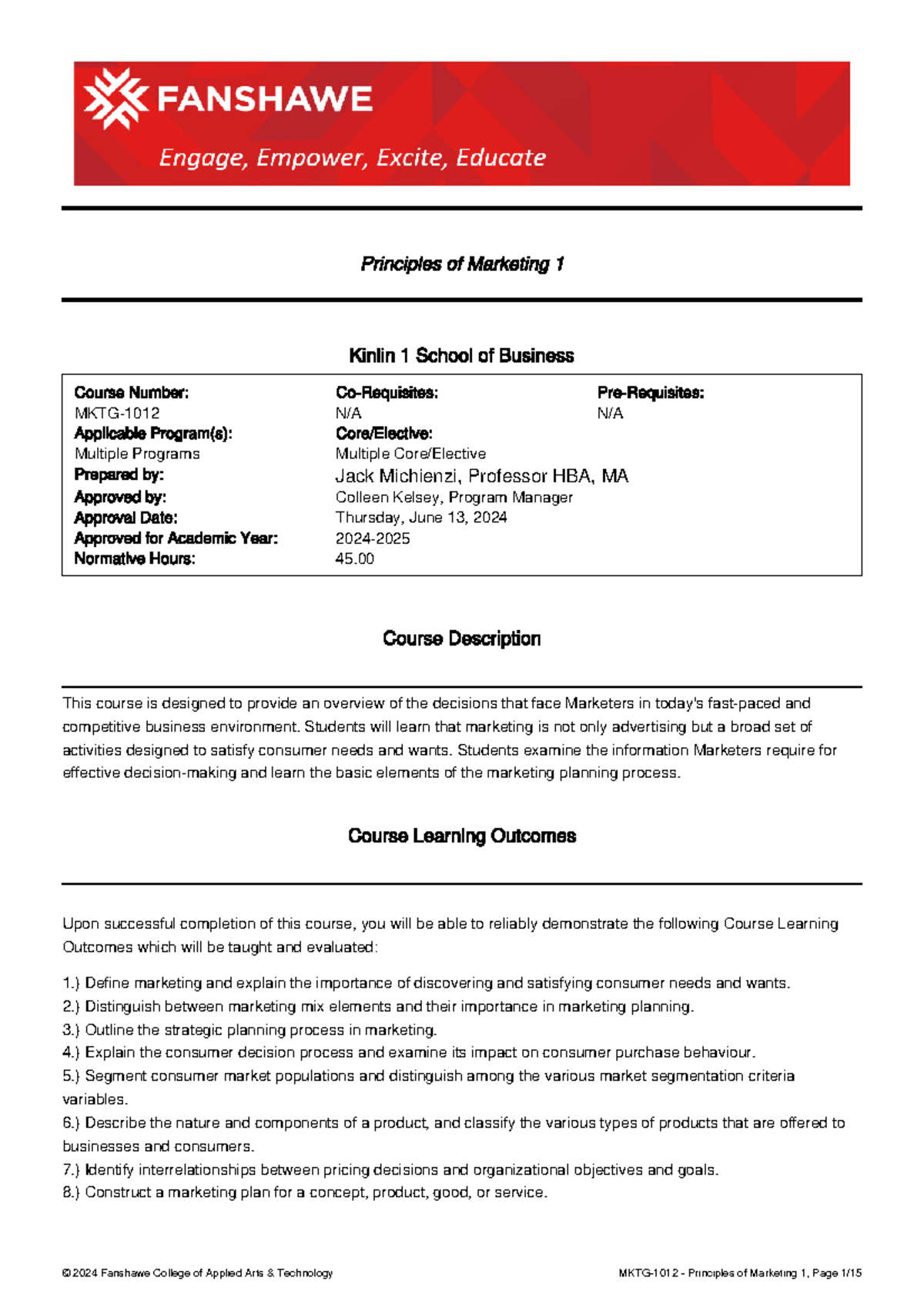 2024-2025 MKTG-1012 - Marketing Overview and Course Outline - Studocu