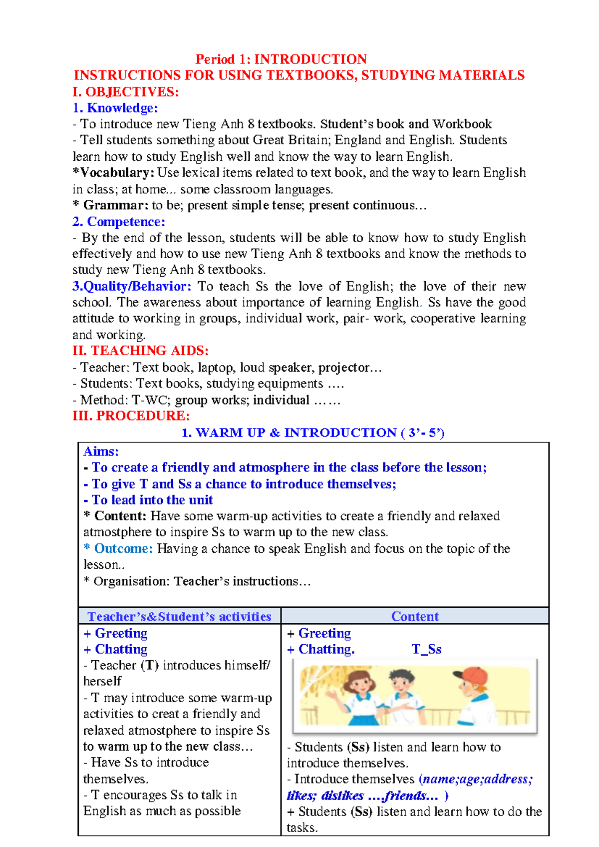 Lesson PLAN- KGI- Grade 8 - Period 1: INTRODUCTION INSTRUCTIONS FOR ...