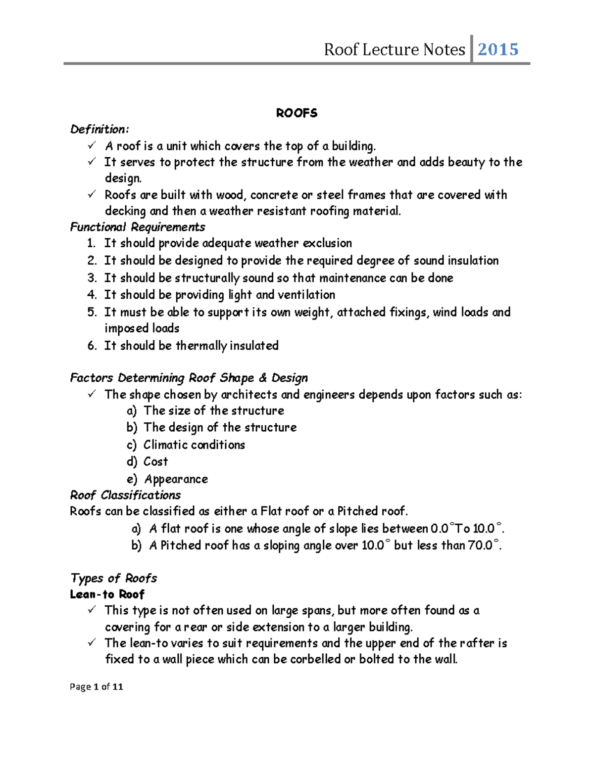 Roofs Lecture Notes - Diploma in Building Technology (2021-2023) - Studocu