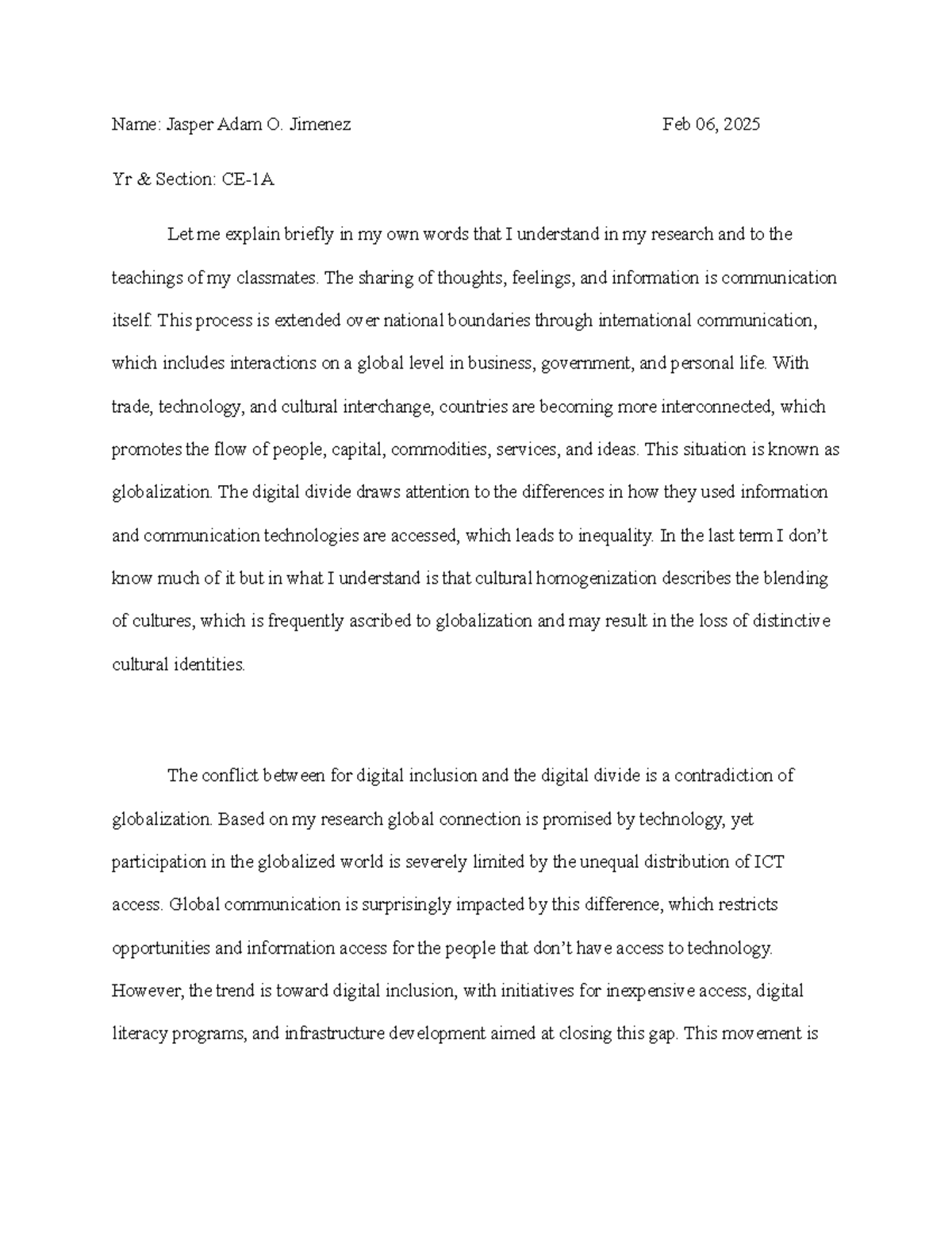 ENG 1 Assignment - Name: Jasper Adam O. Jimenez Feb 06, 2025 Yr ...