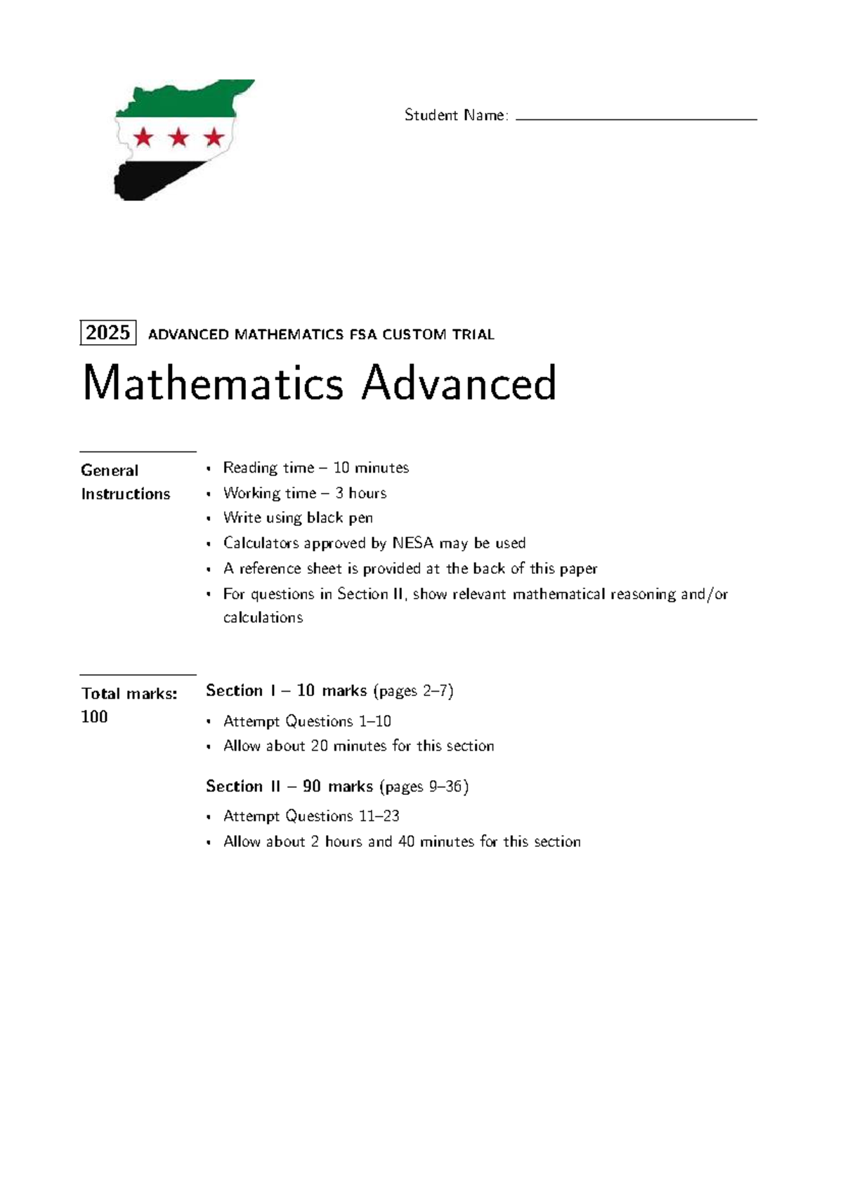 2025 Advanced Mathematics FSA Paper 1 Final Exam - Studocu