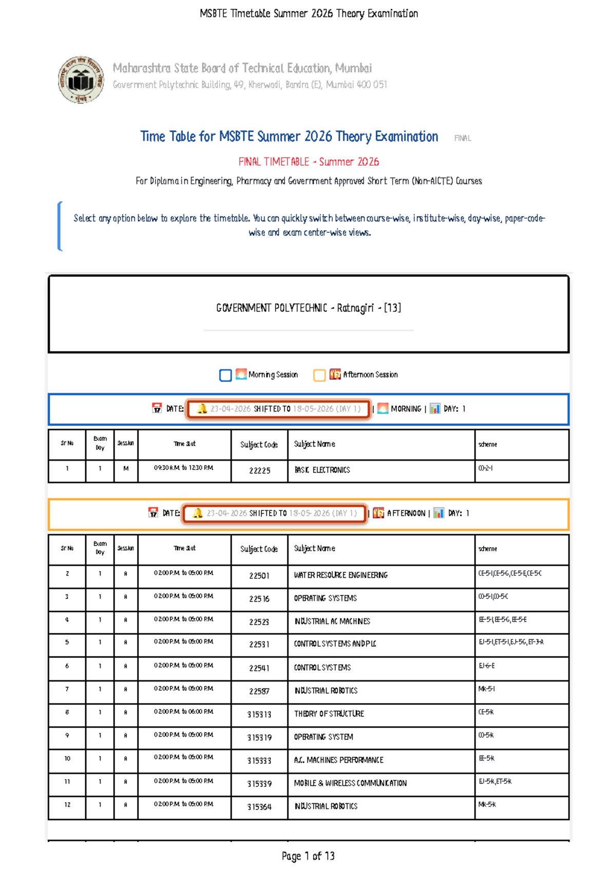 MSBTE Summer 2026 Theory Exam Timetable for Diploma Courses - Studocu