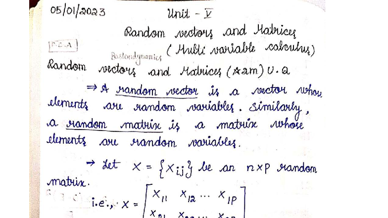 Unit 5 - Applied Probability & Stats: Random Vectors & Matrices - Studocu
