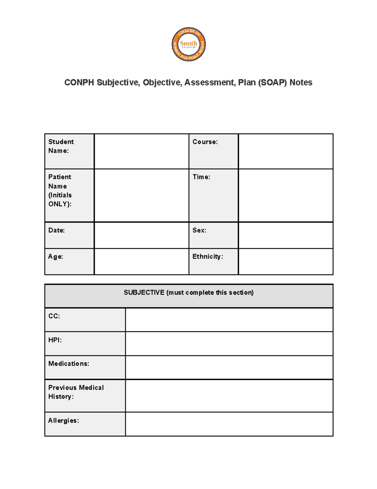 CONPH SOAP Notes Template: Subjective, Objective, Assessment, Plan ...