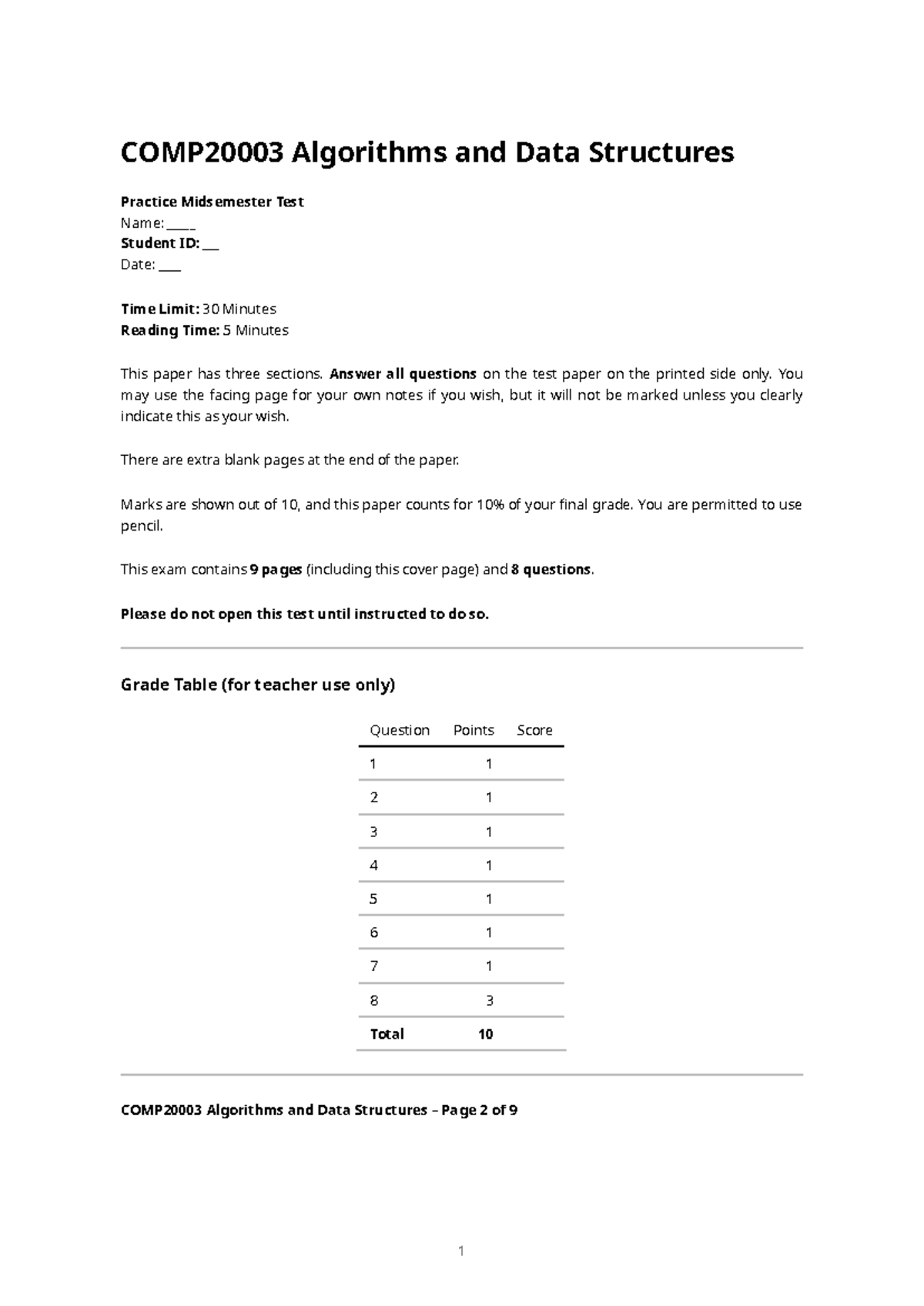 Comp2000 3 Algorithms and Data Structures Practice Midsemester Test ...