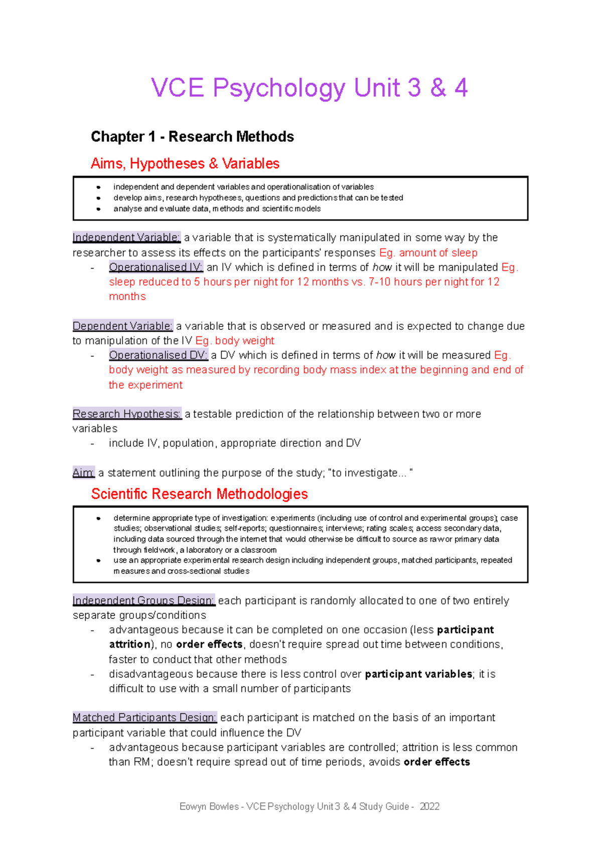 VCE Psychology Unit 3 & 4 Comprehensive Revision Notes - Studocu