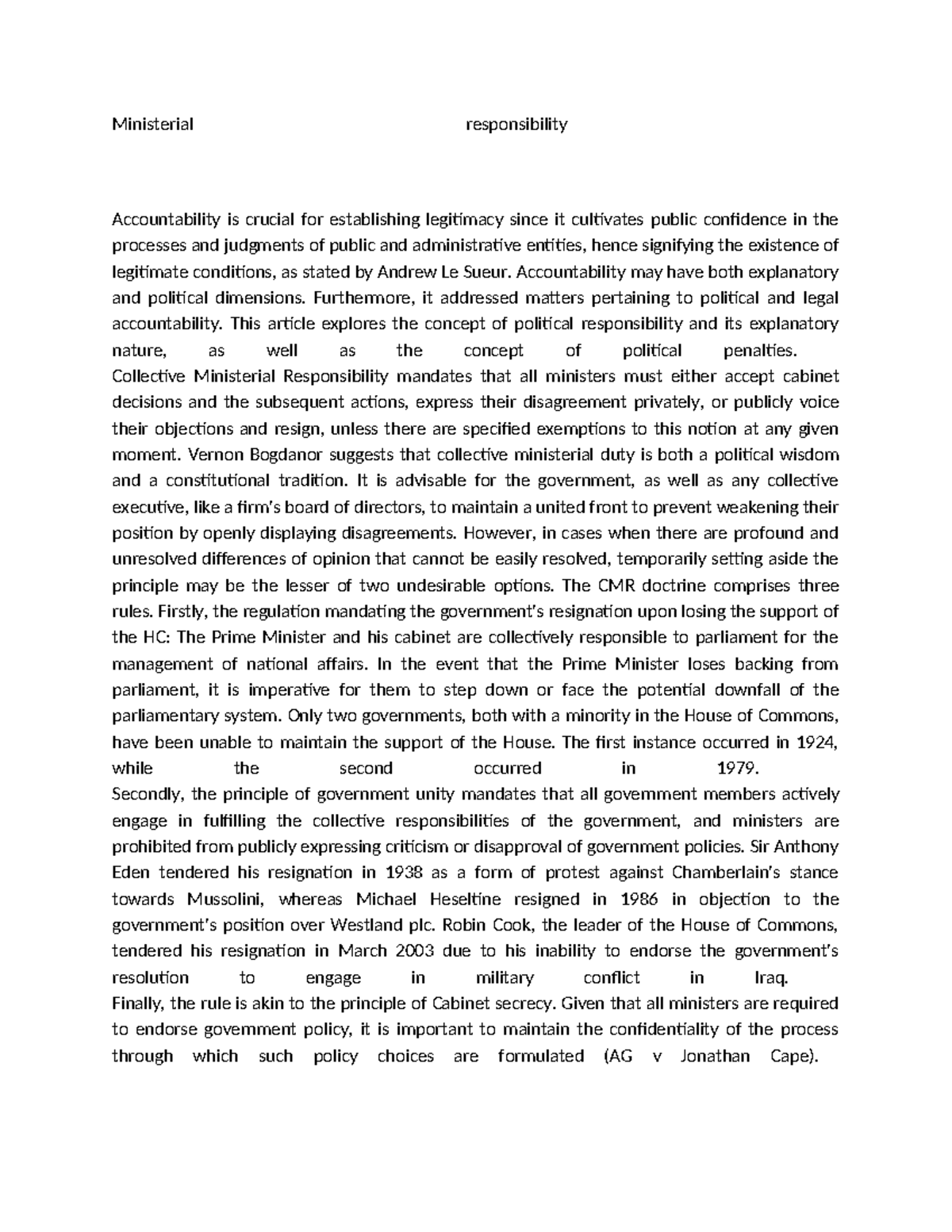 Ministerial Responsibility: Accountability and Political Implications ...