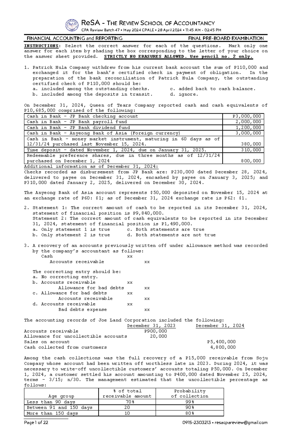 RESA 47 FAR Final Pre-Board Exam Review with Answer Key – April 2024 ...