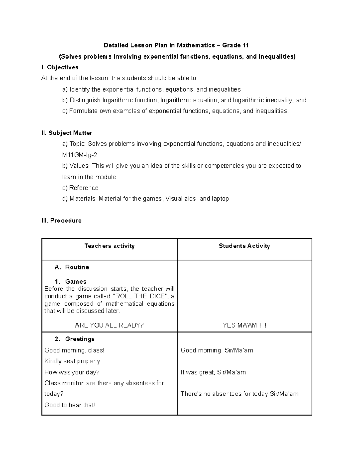 Detailed Lesson Plan: Exponential Functions & Equations (Math 11) - Studocu