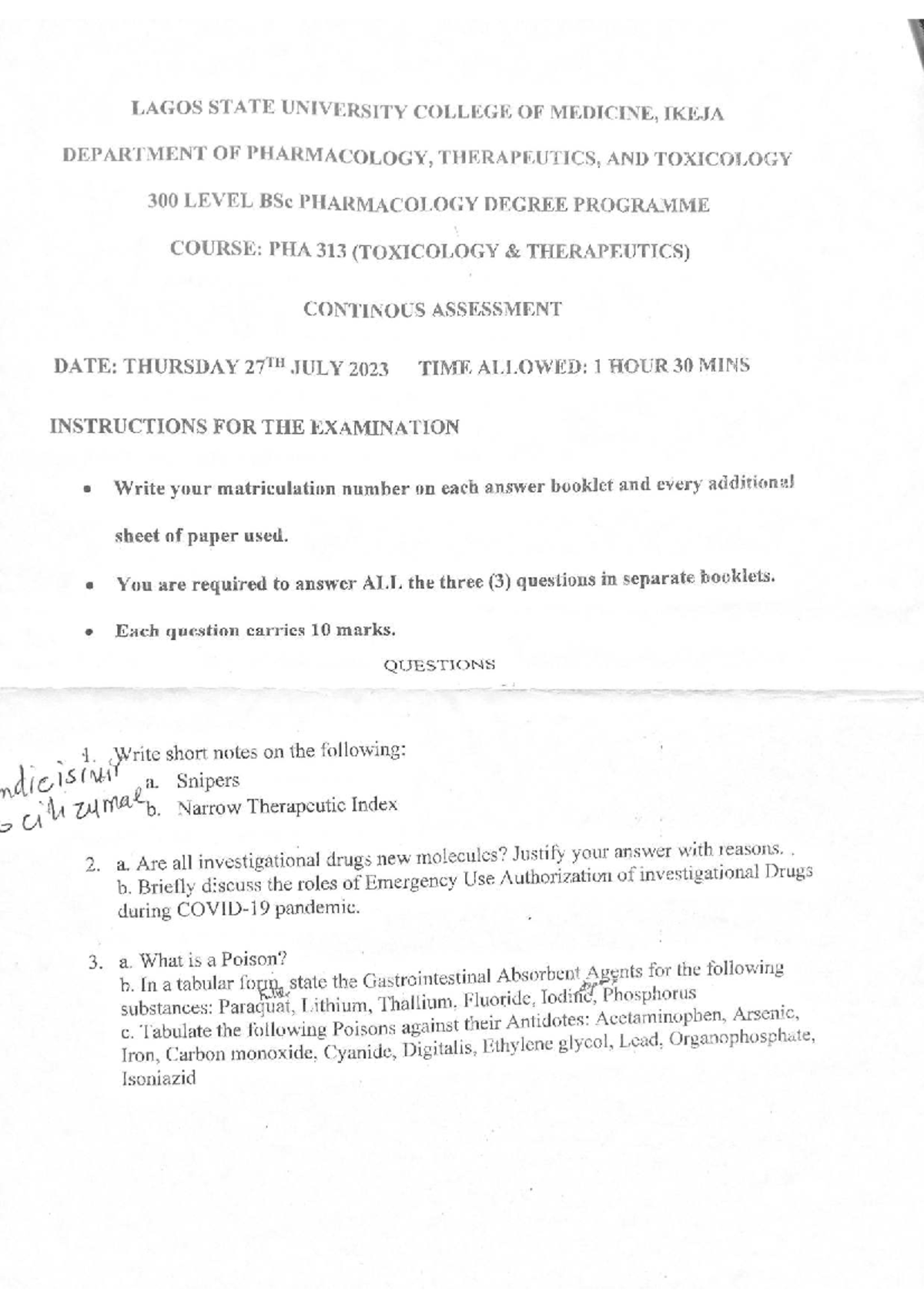 PHA 313 Continuous Assessment Past Questions - Toxicology Therapeutics ...