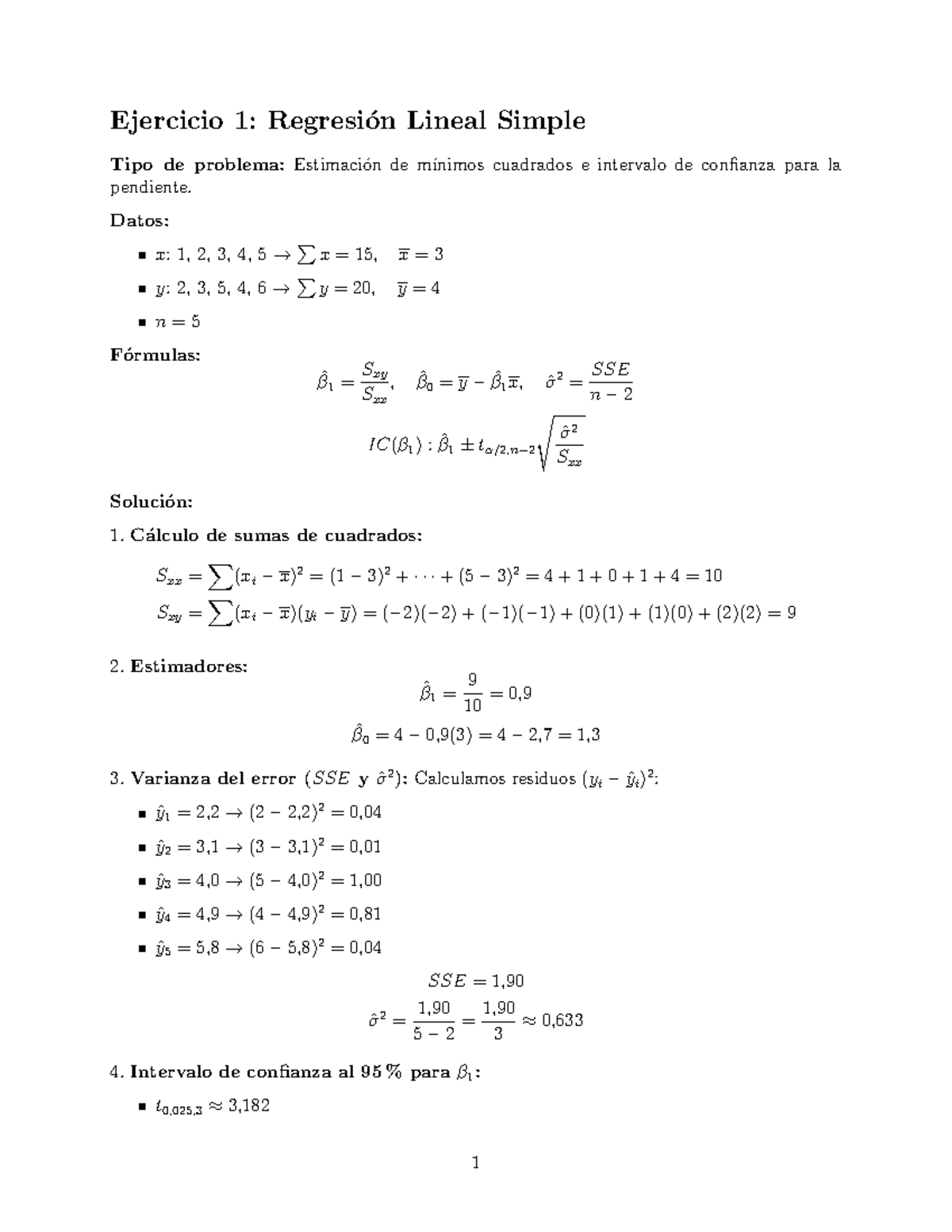 Ejercicio 1: Regresión Lineal Simple y Confianza IC(β1) - Studocu