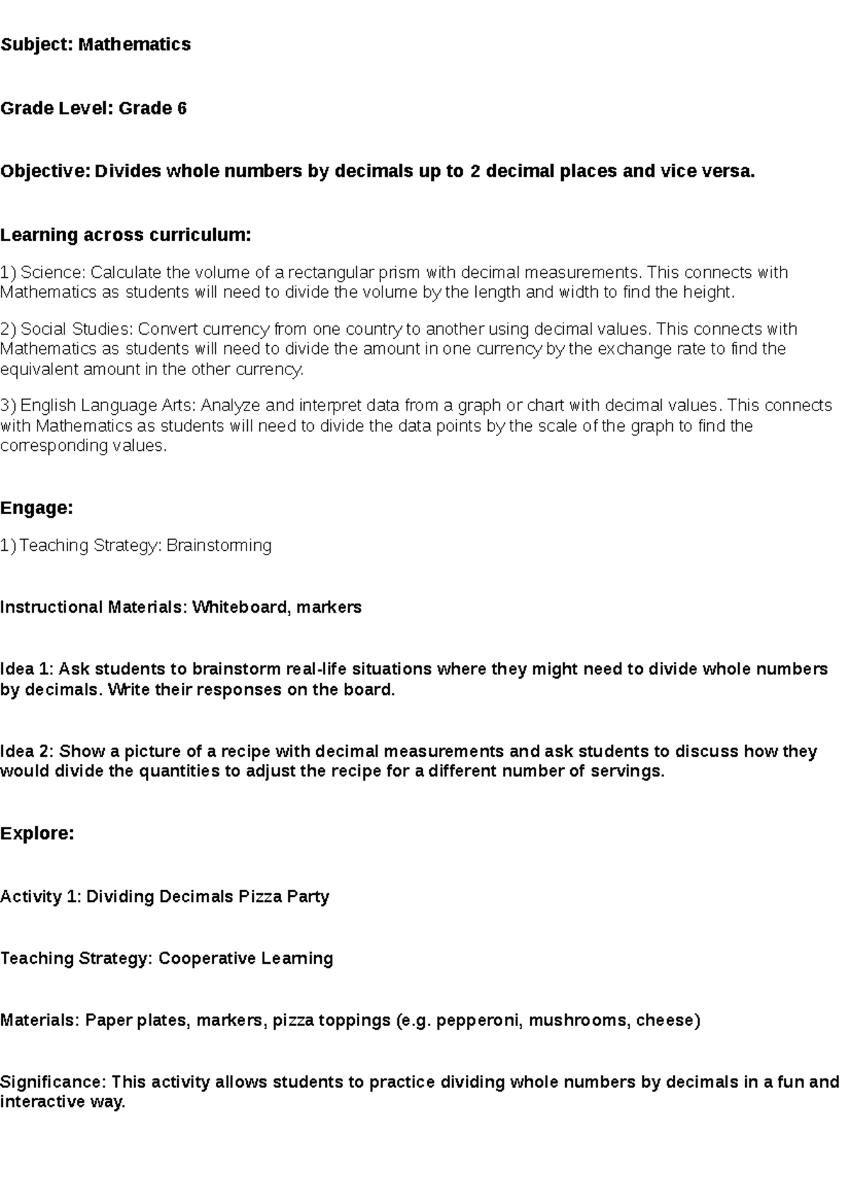 Grade 6 Math Lesson Plan: Dividing Whole Numbers by Decimals - Studocu
