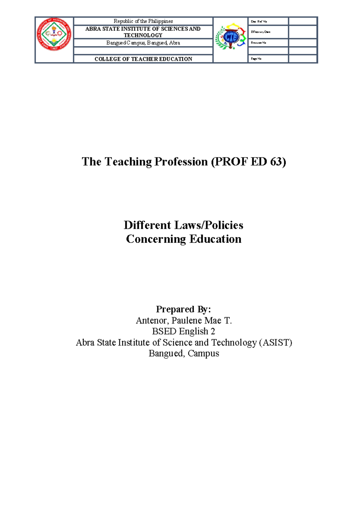 Teaching Profession Overview and Laws (PROF ED 63) - Studocu