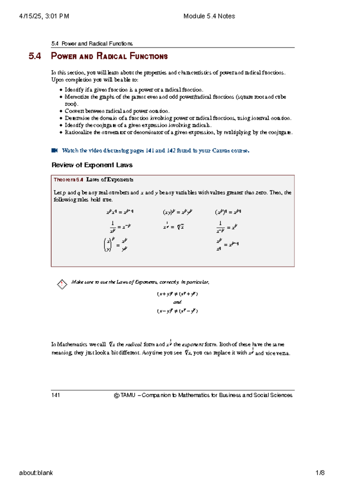 Module 5.4 notes: Power and radical functions overview and examples ...