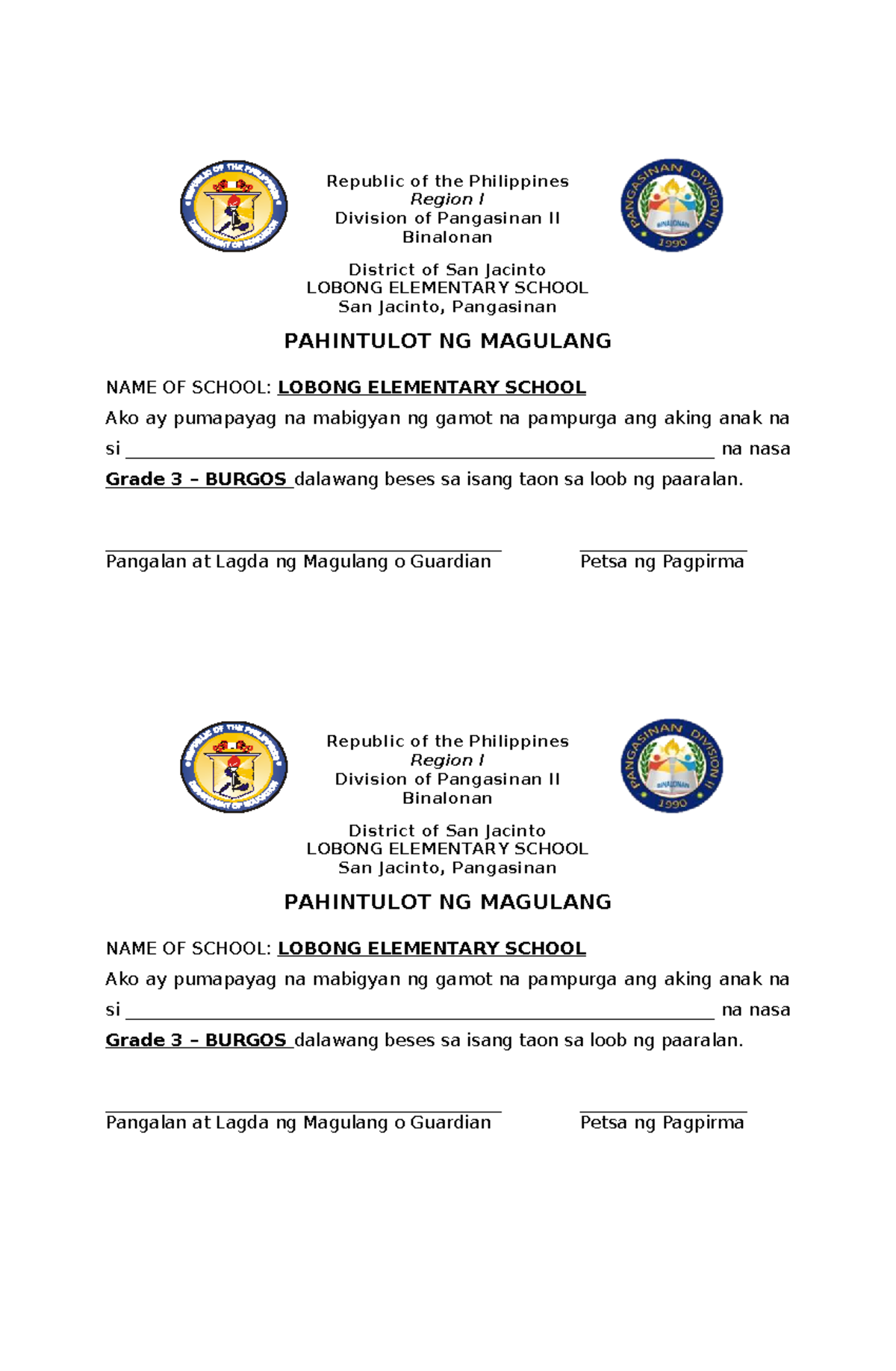 Pahintulot ng Magulang para sa Gamot Pampurga - Lobong Elementary ...