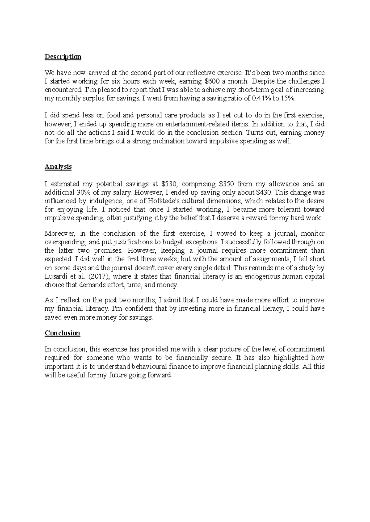 REFL 201: Reflective Exercise 2 on Financial Literacy & Spending - Studocu