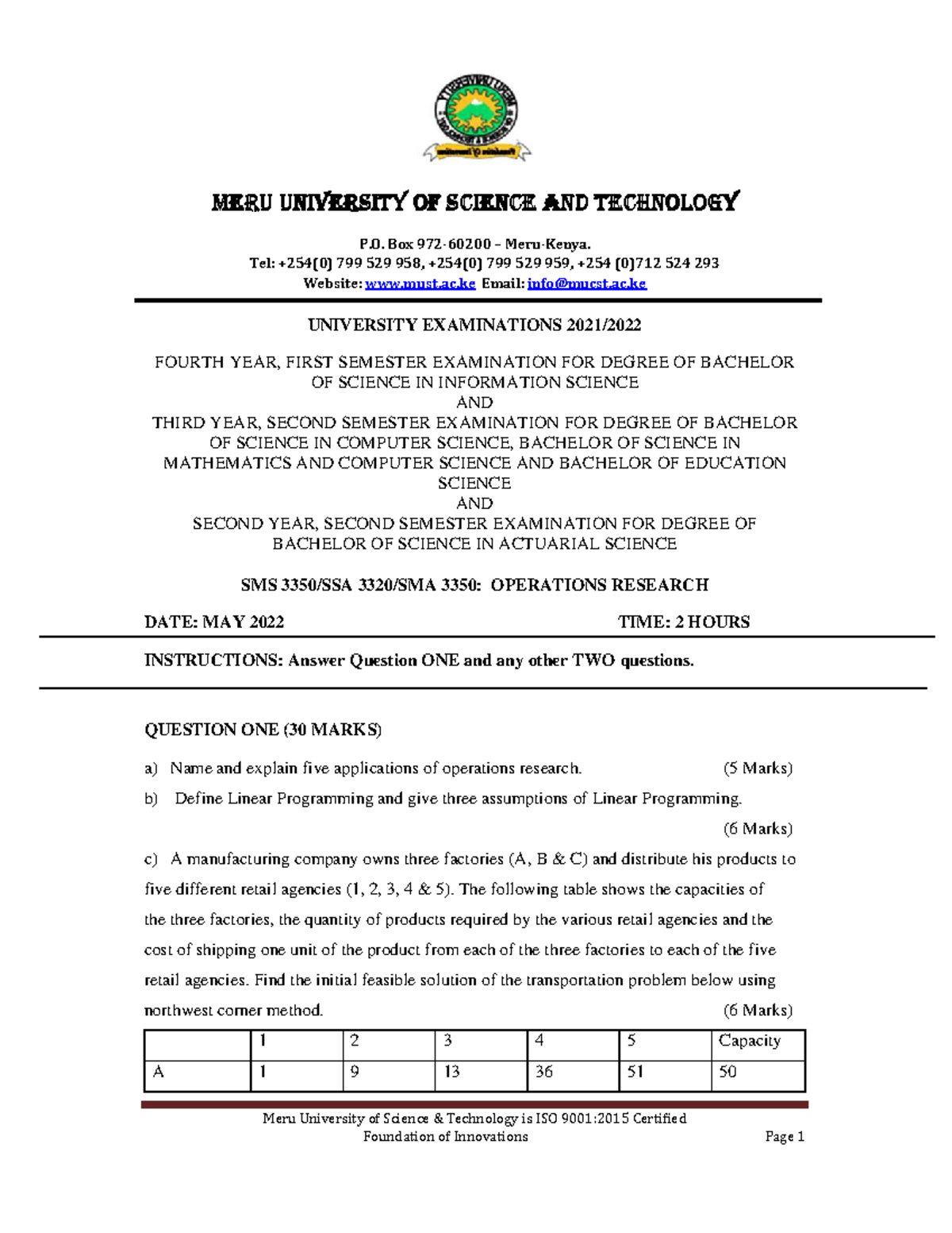 SMS 3350: Operations Research Final Exam Notes - Studocu
