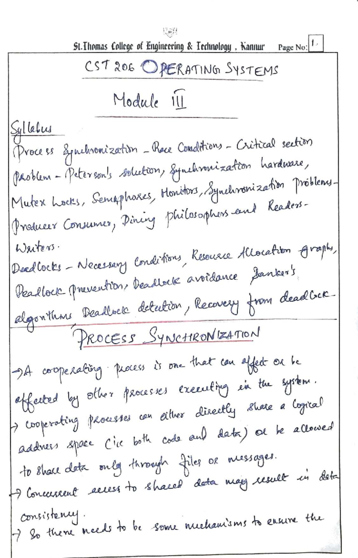 CST 206 Operating Systems Module 3: Process Synchronization Notes - Studocu