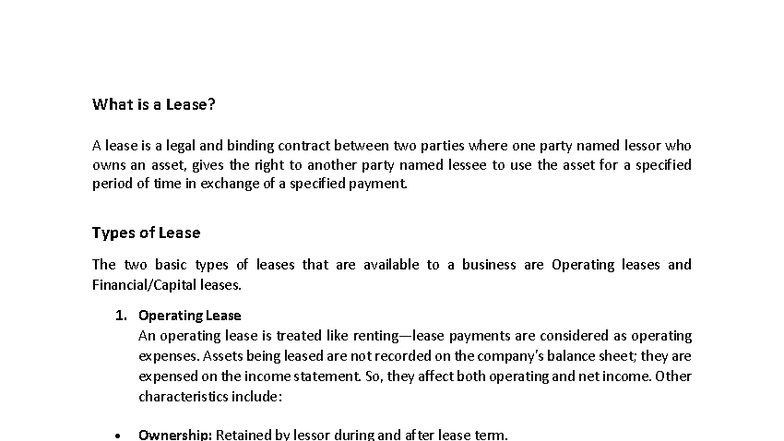 Lease Notes: Understanding Operating and Capital Leases - Studocu