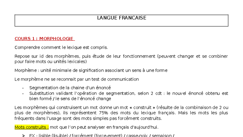 LANGUE FRANCAISE COURS 1 : MORPHOLOGIE ET FONCTION DES MORPHÈMES - Studocu