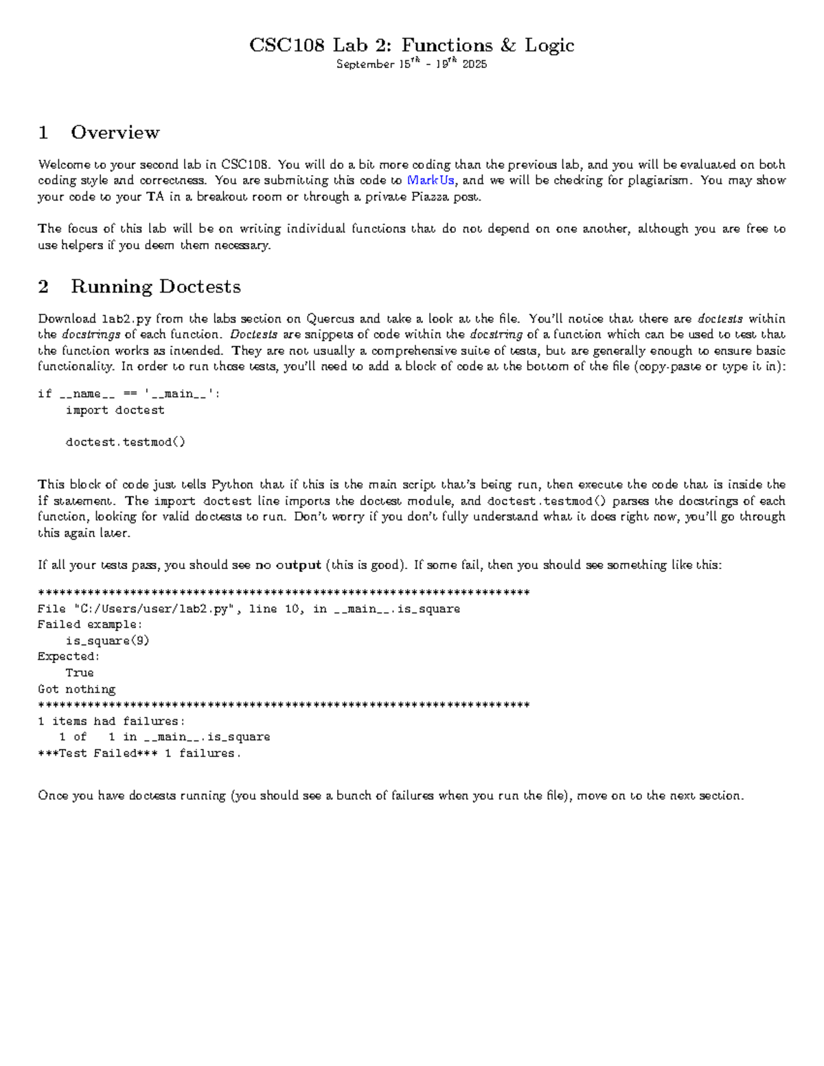 CSC108 Lab 2: Functions Logic Overview and Doctests Guide - Studocu