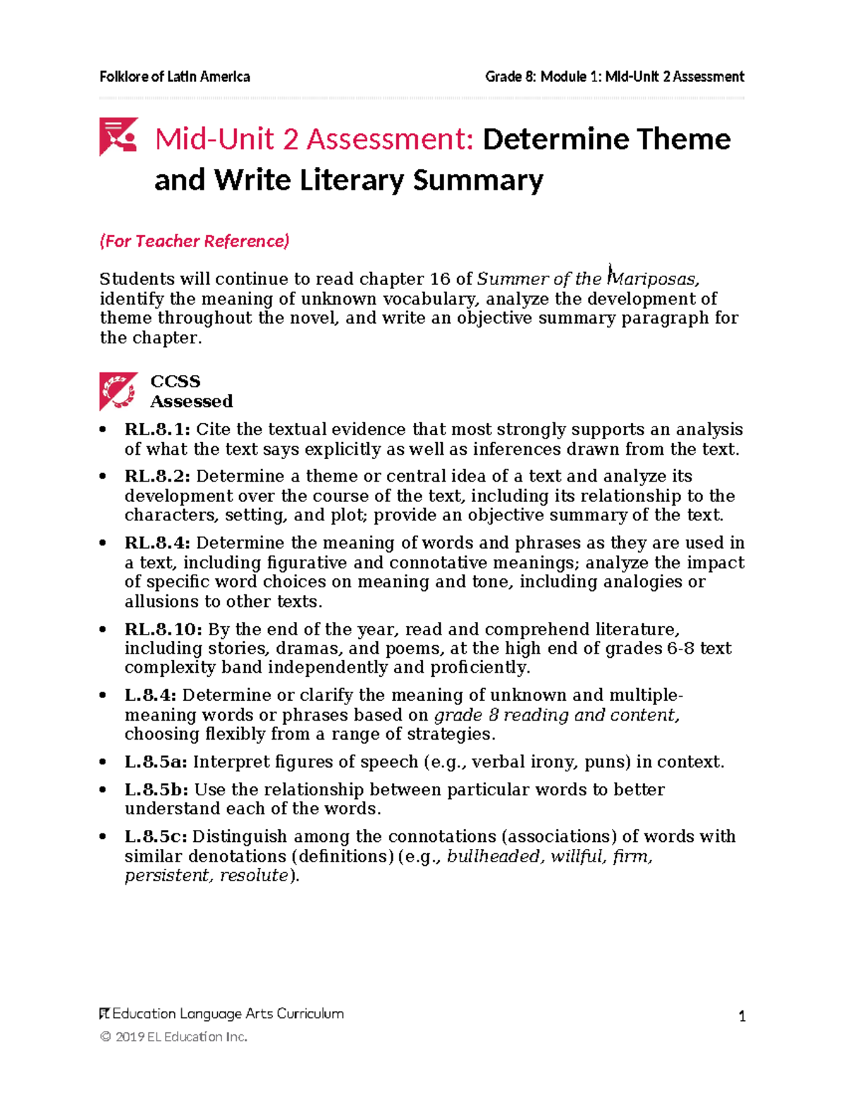 G8M1U2 Mid-Unit 2 Assessment: Theme Analysis & Literary Summary - Studocu