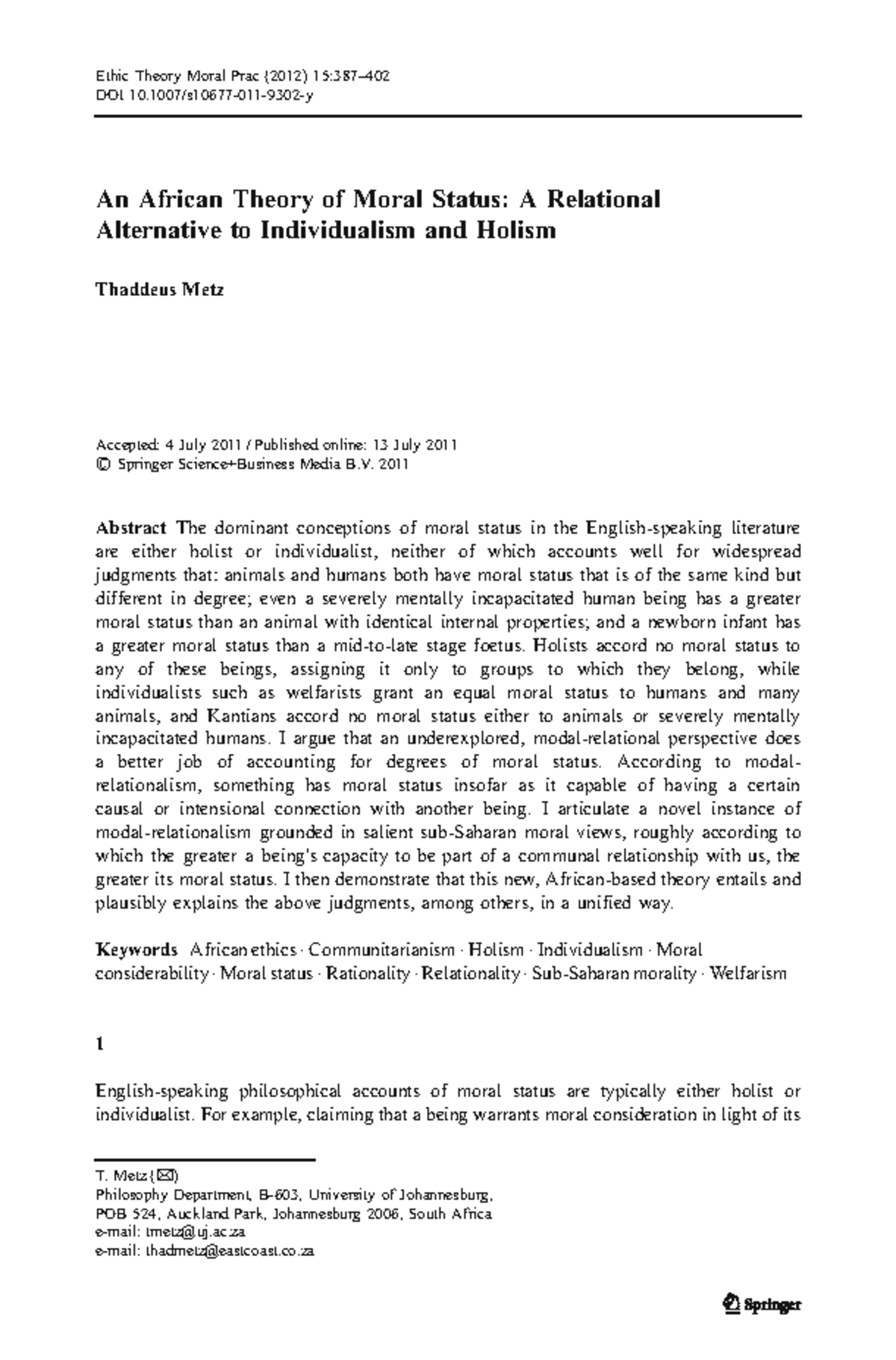 African Moral Status: A Relational Theory by Thaddeus Metz - Studocu