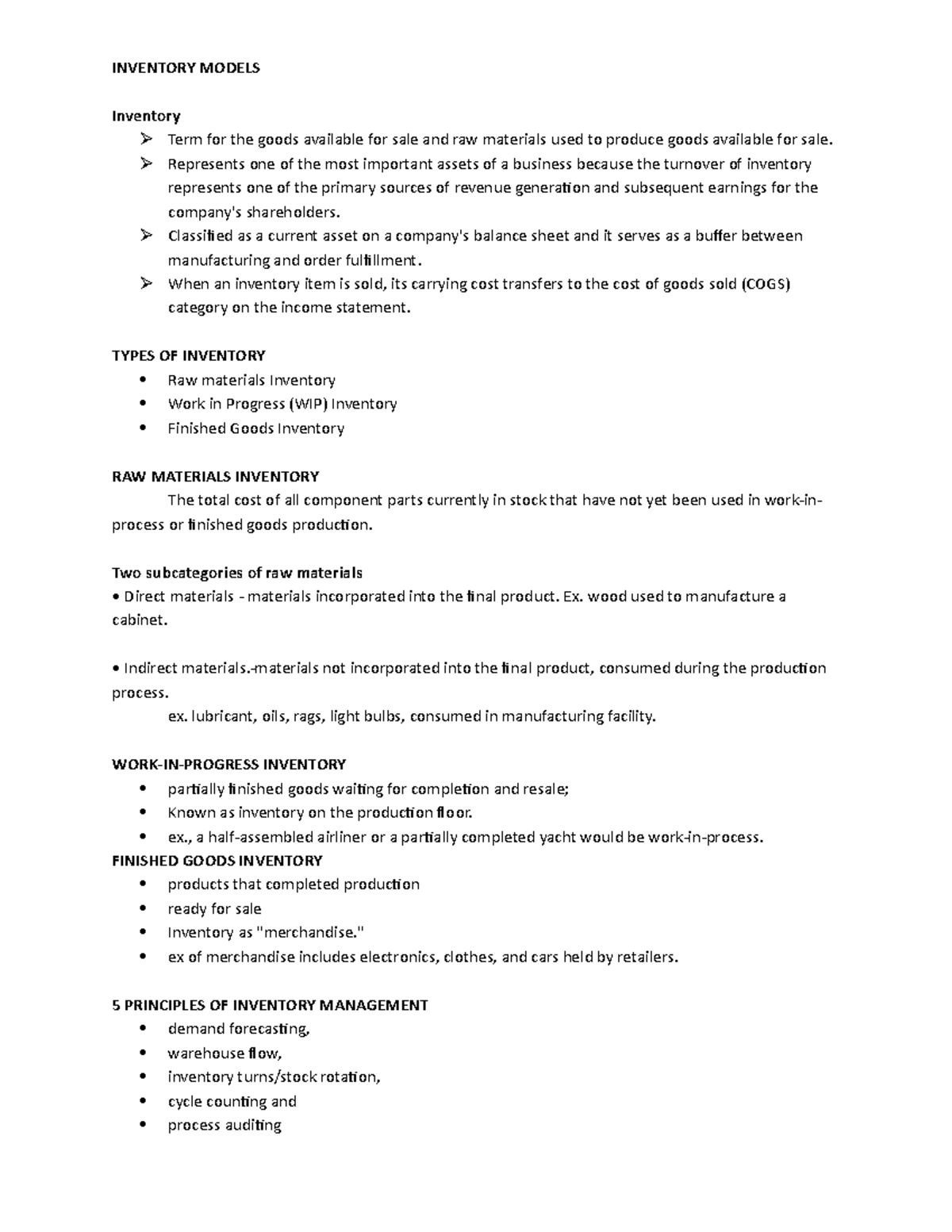 Management science notes - INVENTORY MODELS Inventory Term for the ...