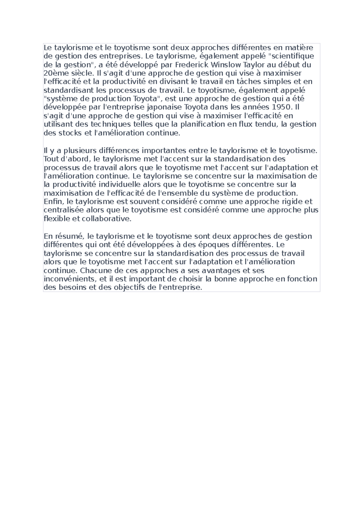 Comparaison entre Taylorisme et Toyotisme en Gestion d'Entreprise - Studocu