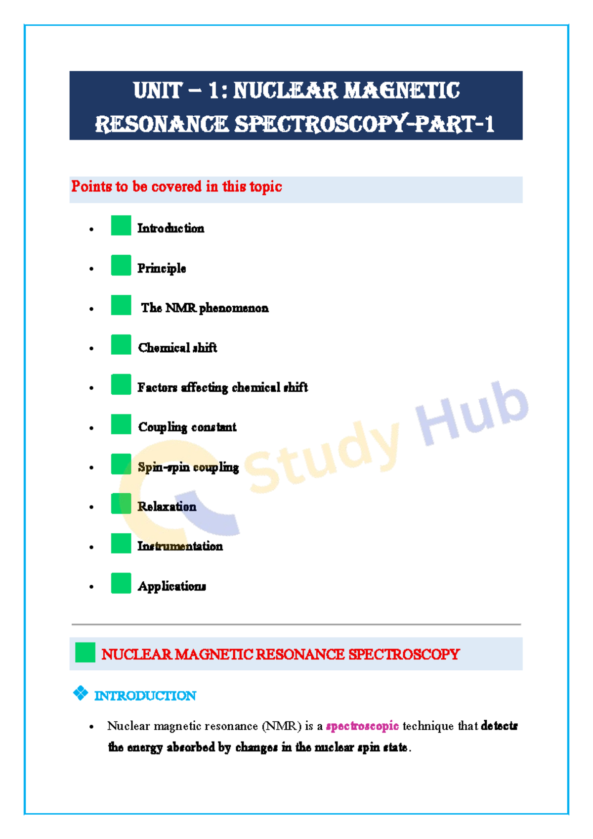 Advanced Instrumentation Techniques: Unit 1 - Nuclear Magnetic ...