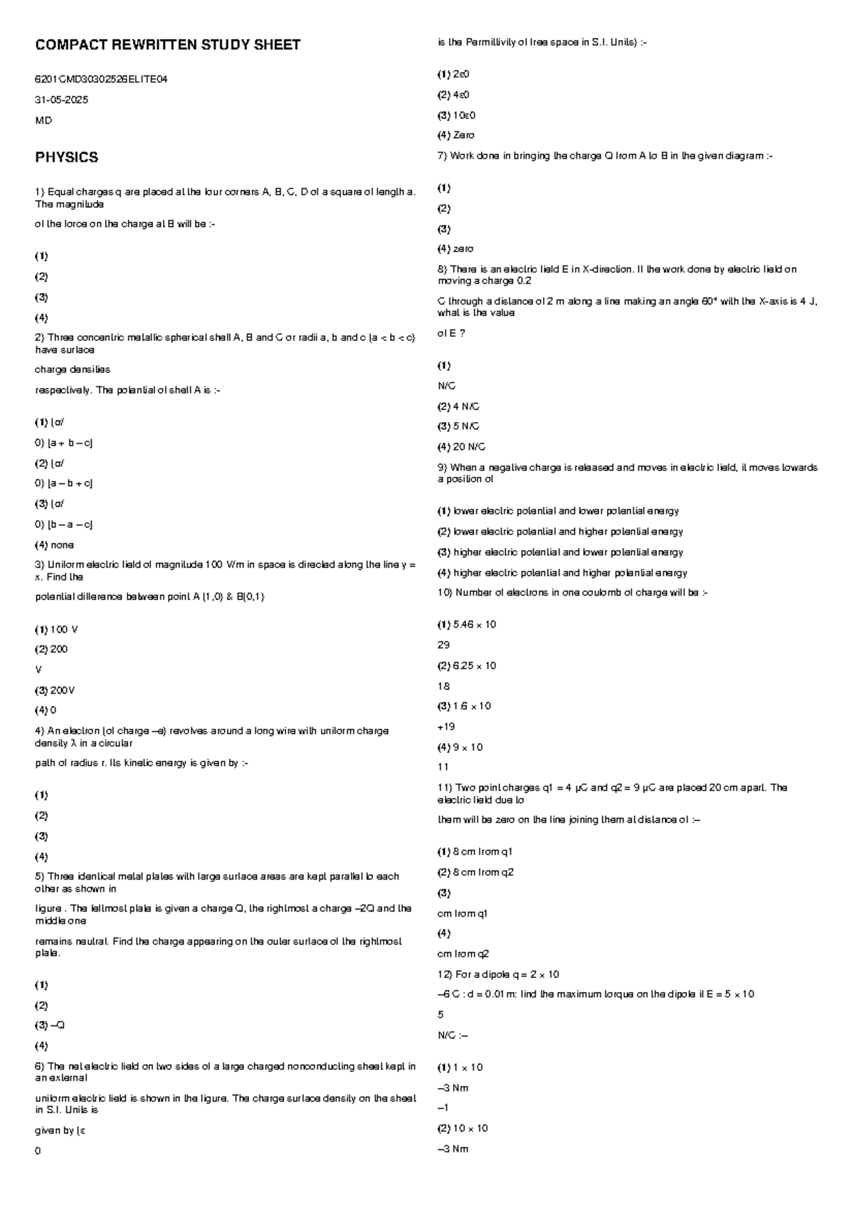 Rewritten Study Sheet for Physics 6201CMD30302526ELITE04 - Studocu