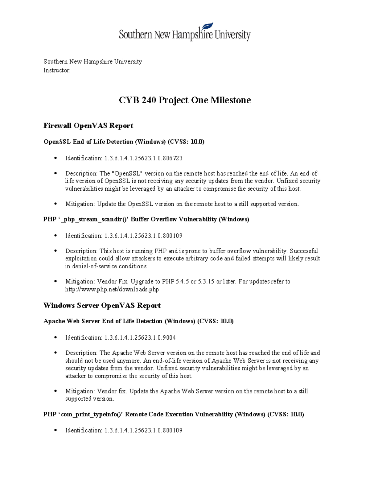 CYB 240 Project One Milestone - Vulnerability Identification Report - Studocu