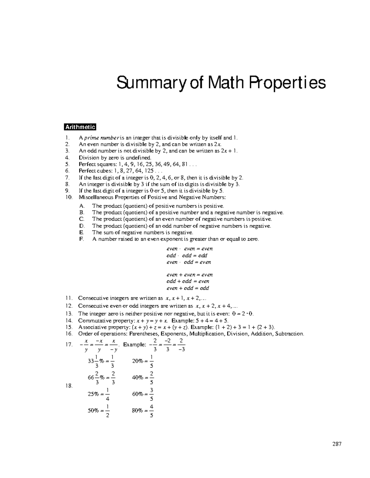 Summary of Math Properties for Arithmetic 1: Key Concepts and Rules ...