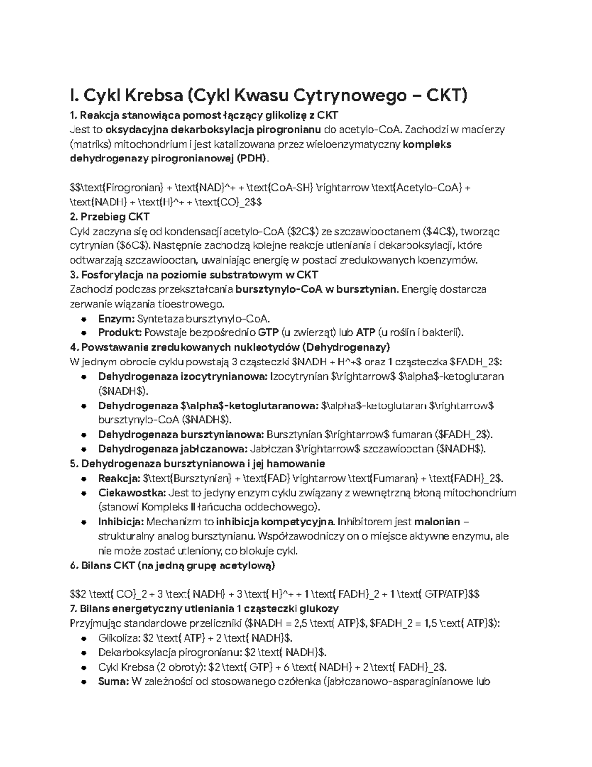 Cykl Krebsa i Szlak Pentozofosforanowy - Notatki z Biochemii - Studocu