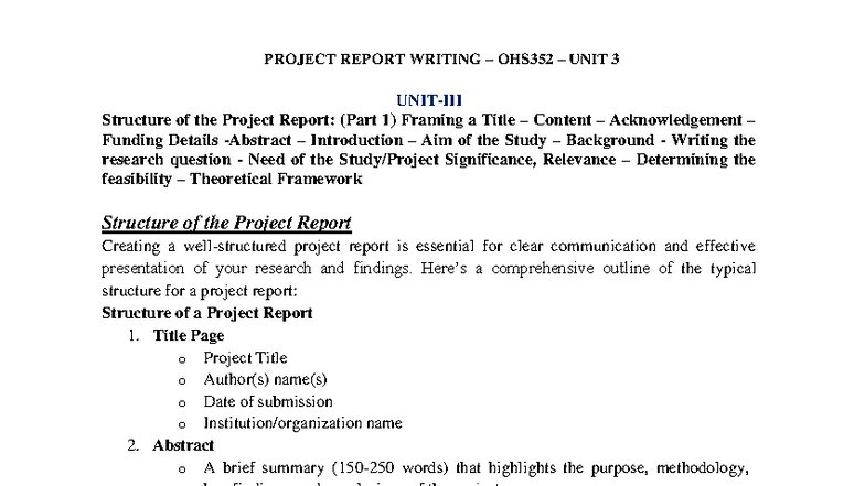 Project Report Writing Guidelines OHS352 Unit 3: Structure & Essentials ...