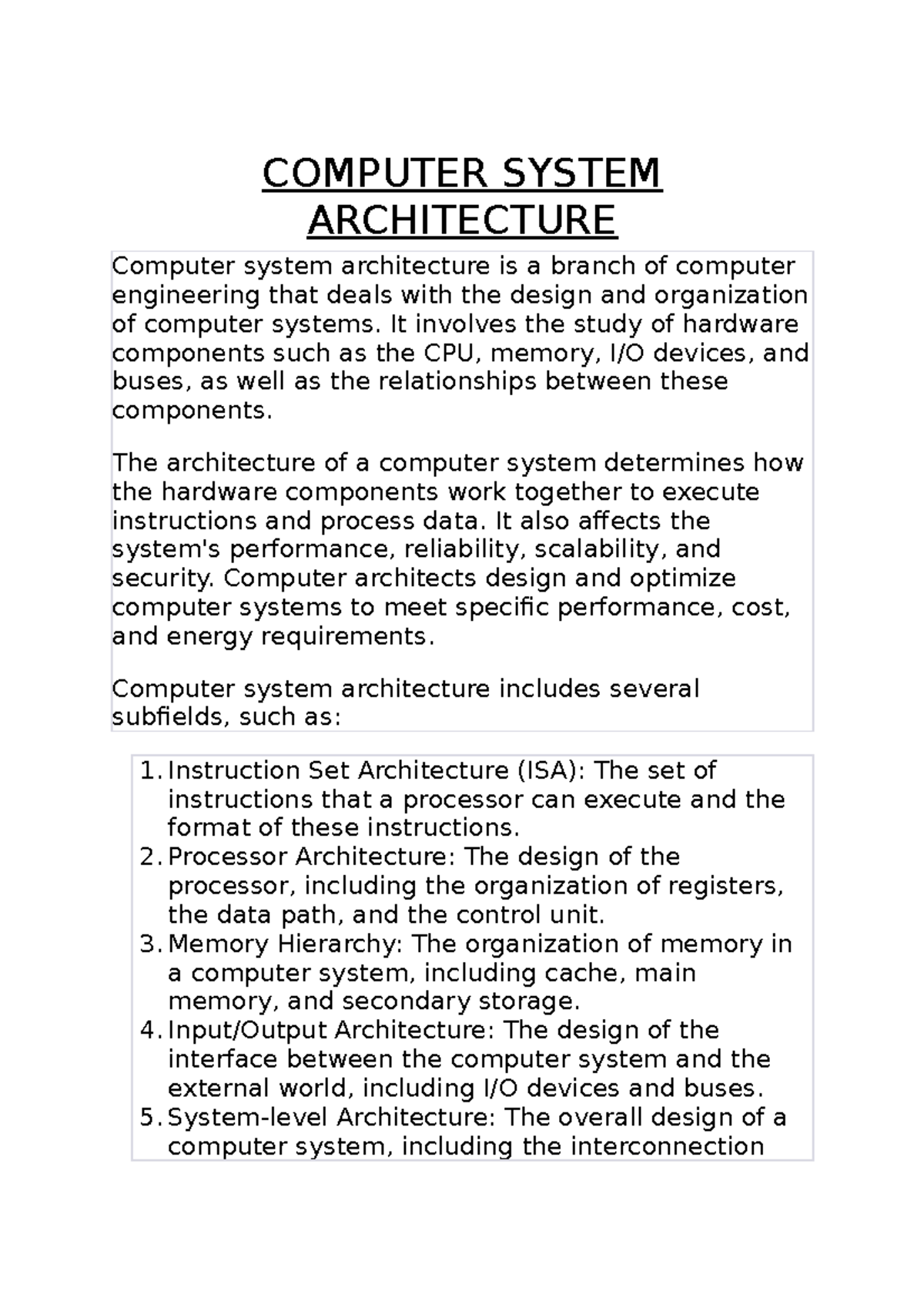 Computer System Architecture Overview and Key Subfields - Studocu