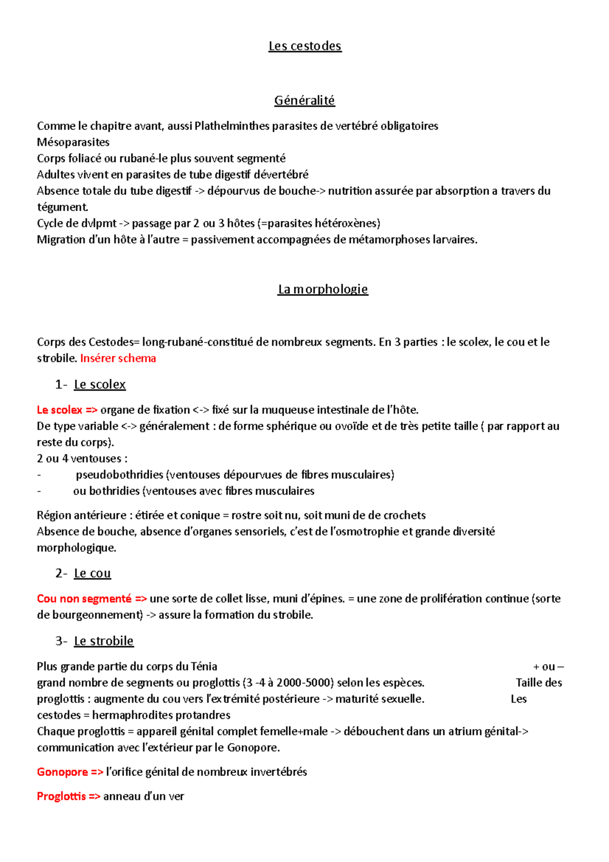 Chapitre 4: Les Cestodes - Morphologie, Cycle et Physiologie - Studocu