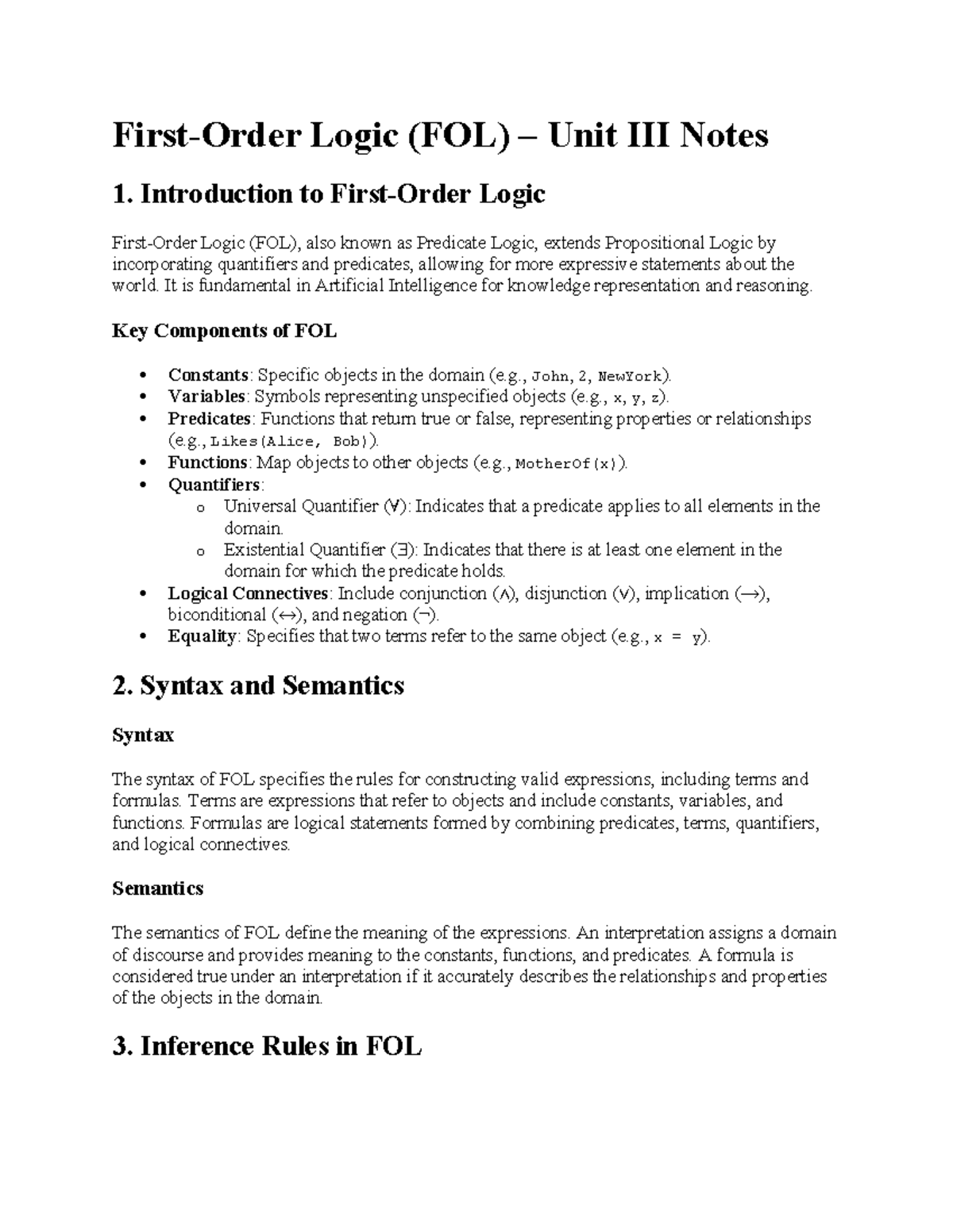Logic (FOL) Unit Notes: Introduction, Syntax, Inference & Applications ...