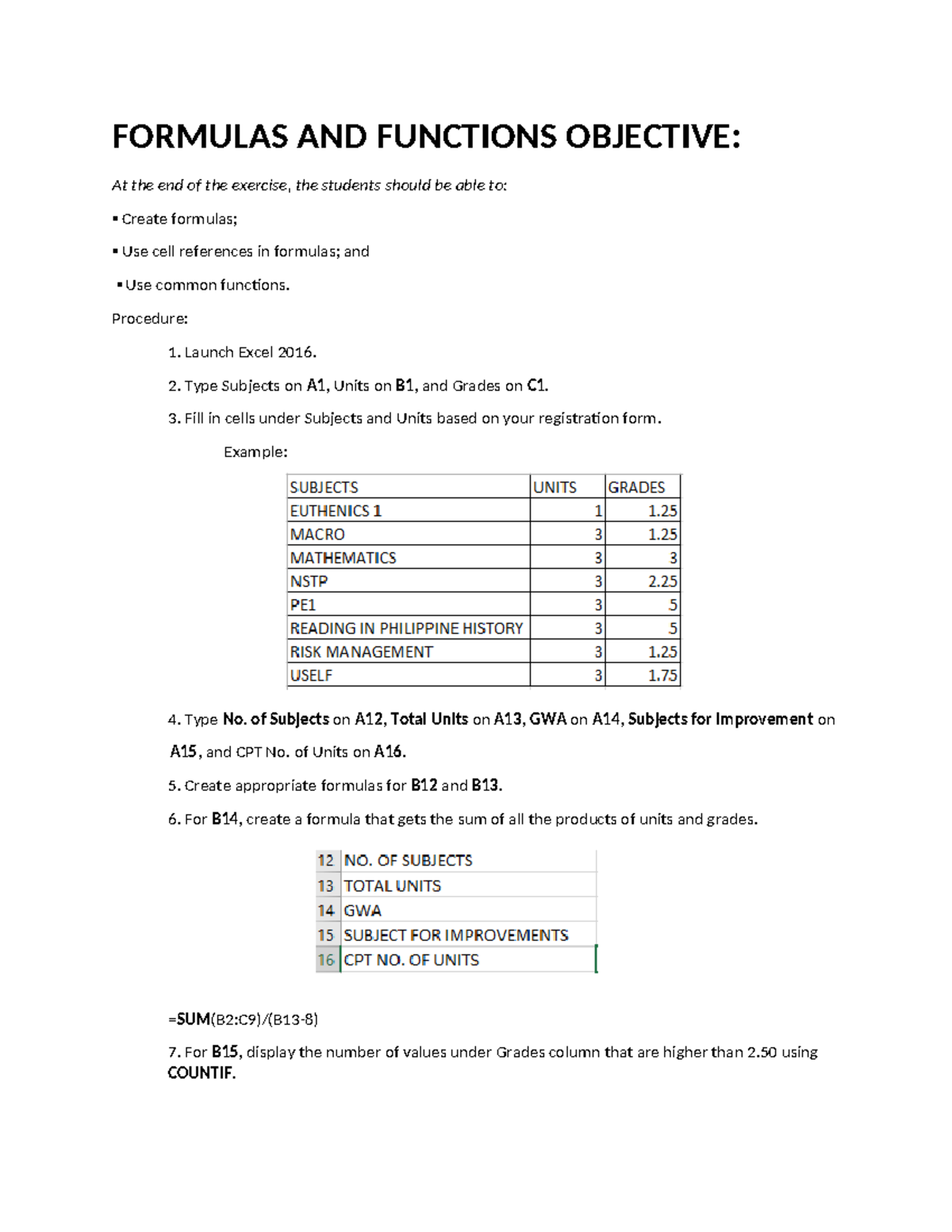 Excel 2016: Formulas & Functions Activity Guide - Studocu