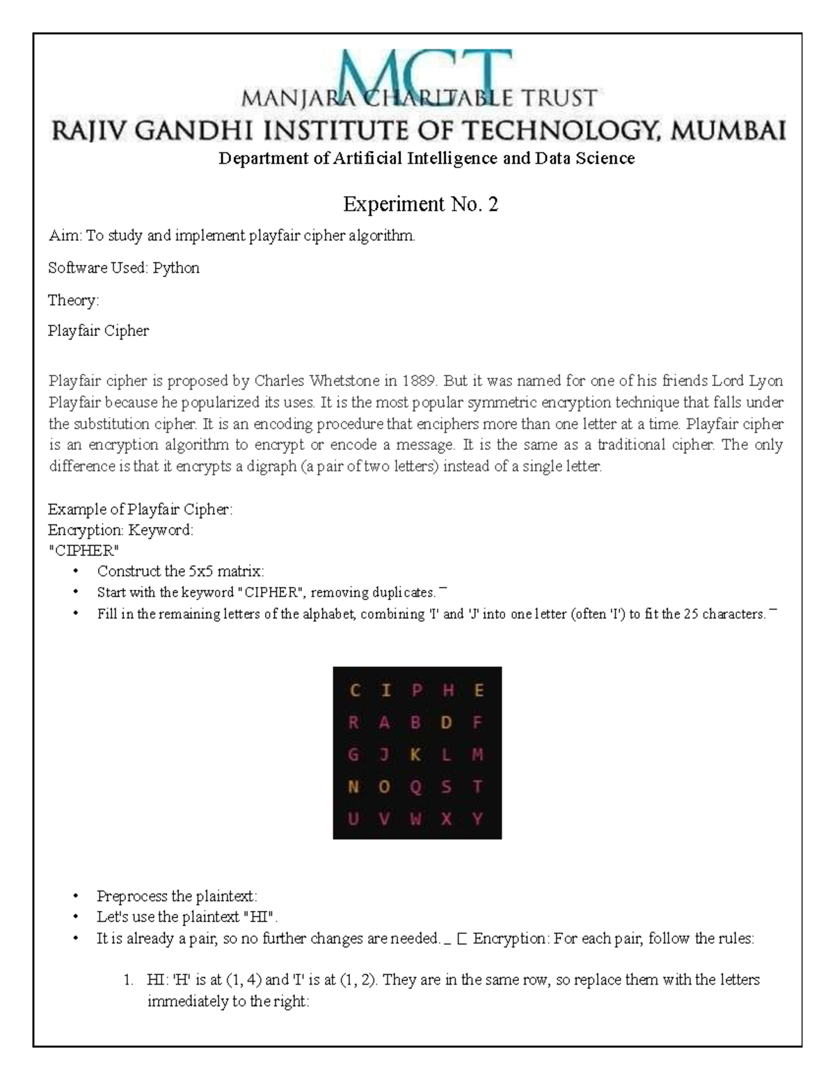 CSS Exp2 - Playfair Cipher Algorithm Implementation and Analysis - Studocu