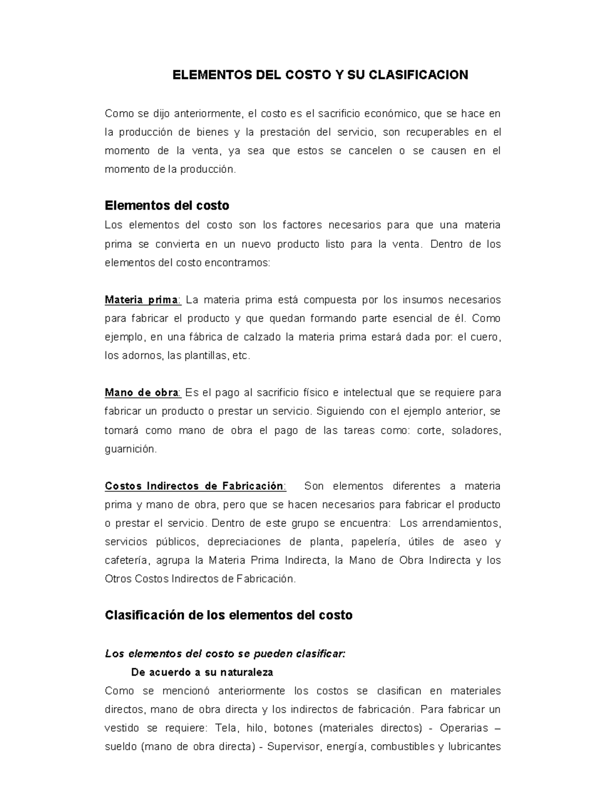 Elementos del costo y su clasificación - Teoría y aplicación - Studocu