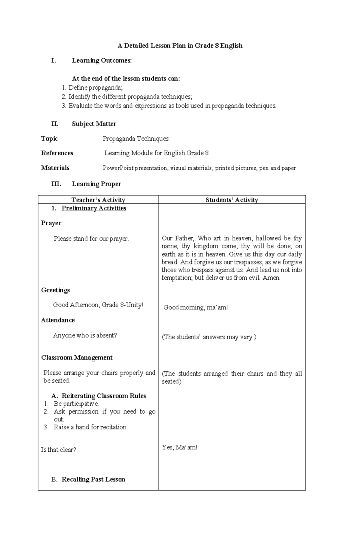 Grade 8 English Lesson on Propaganda Techniques: Detailed Plan - Studocu