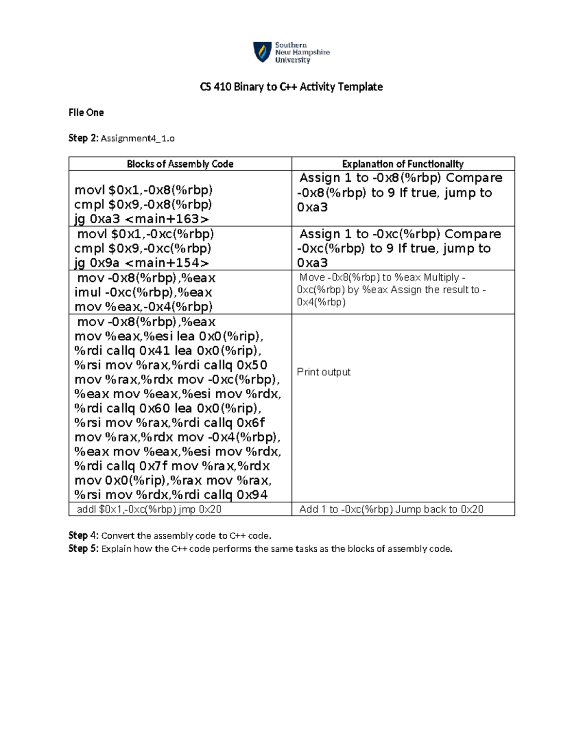 CS 410 Binary to C++ Activity Template: Assembly Code Analysis - Studocu