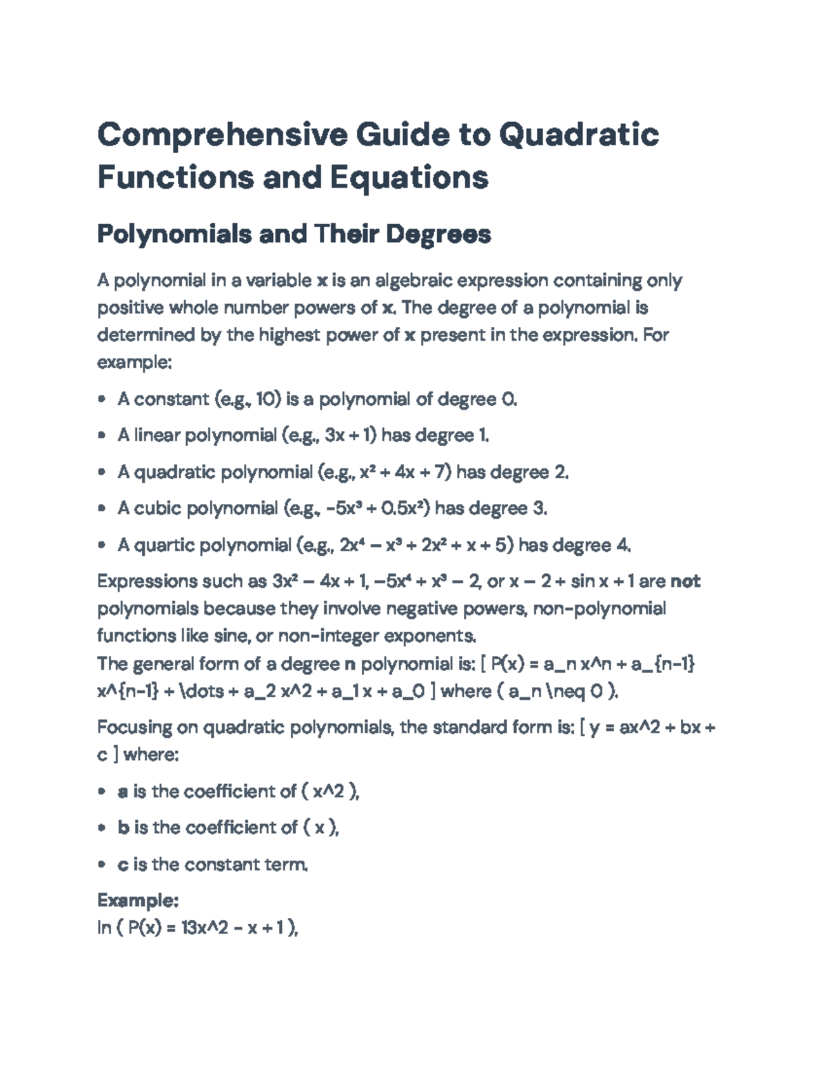 Comprehensive Guide to Quadratic Functions & Equations (MATH 101) - Studocu