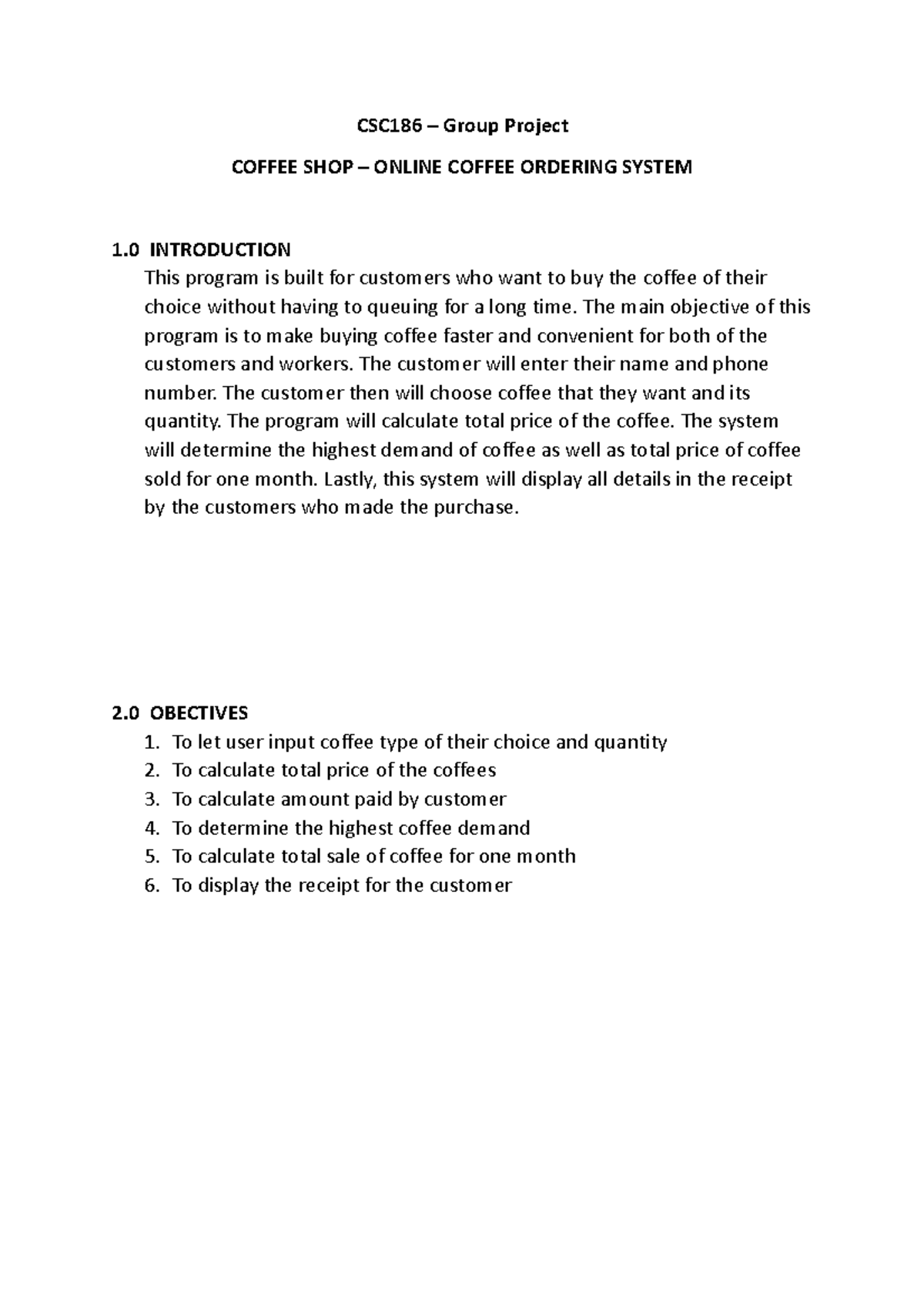 Proposal for CSC186: Online Coffee Ordering System Project - Studocu