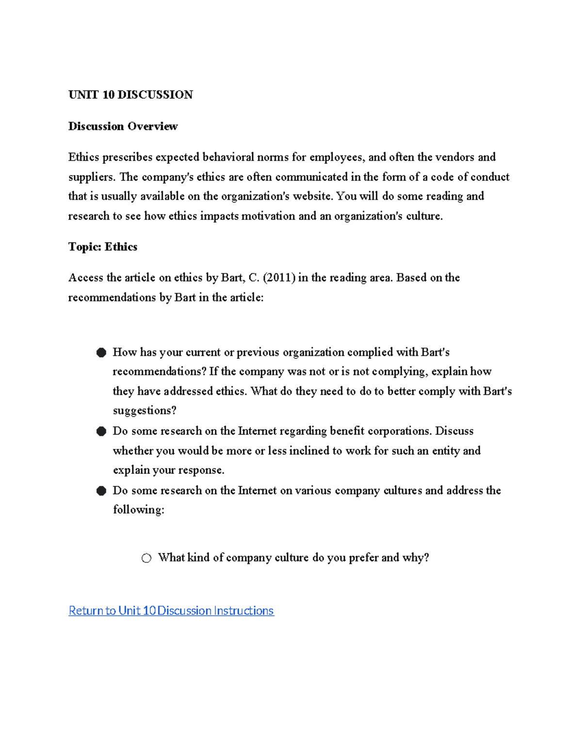 MT302 UNIT 10 Ethics Discussion and Organizational Culture Insights ...